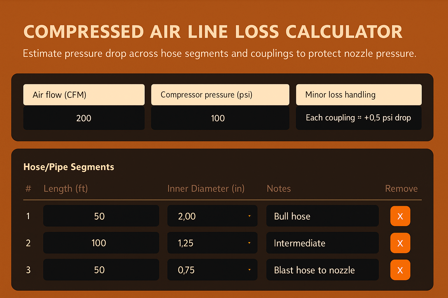Compressed Air Line Loss Calculator, Pressure Drop Tool
